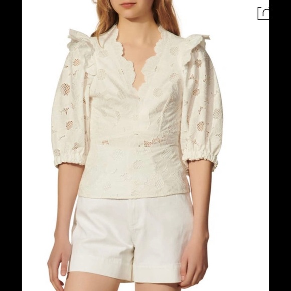 Sandro | Tops | Sandro Women White Ruffled Embroided Lace Top | Poshmark